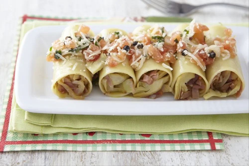 Recette Paccheri farcis aux artichauts, au pecorino et au jambon de Parme